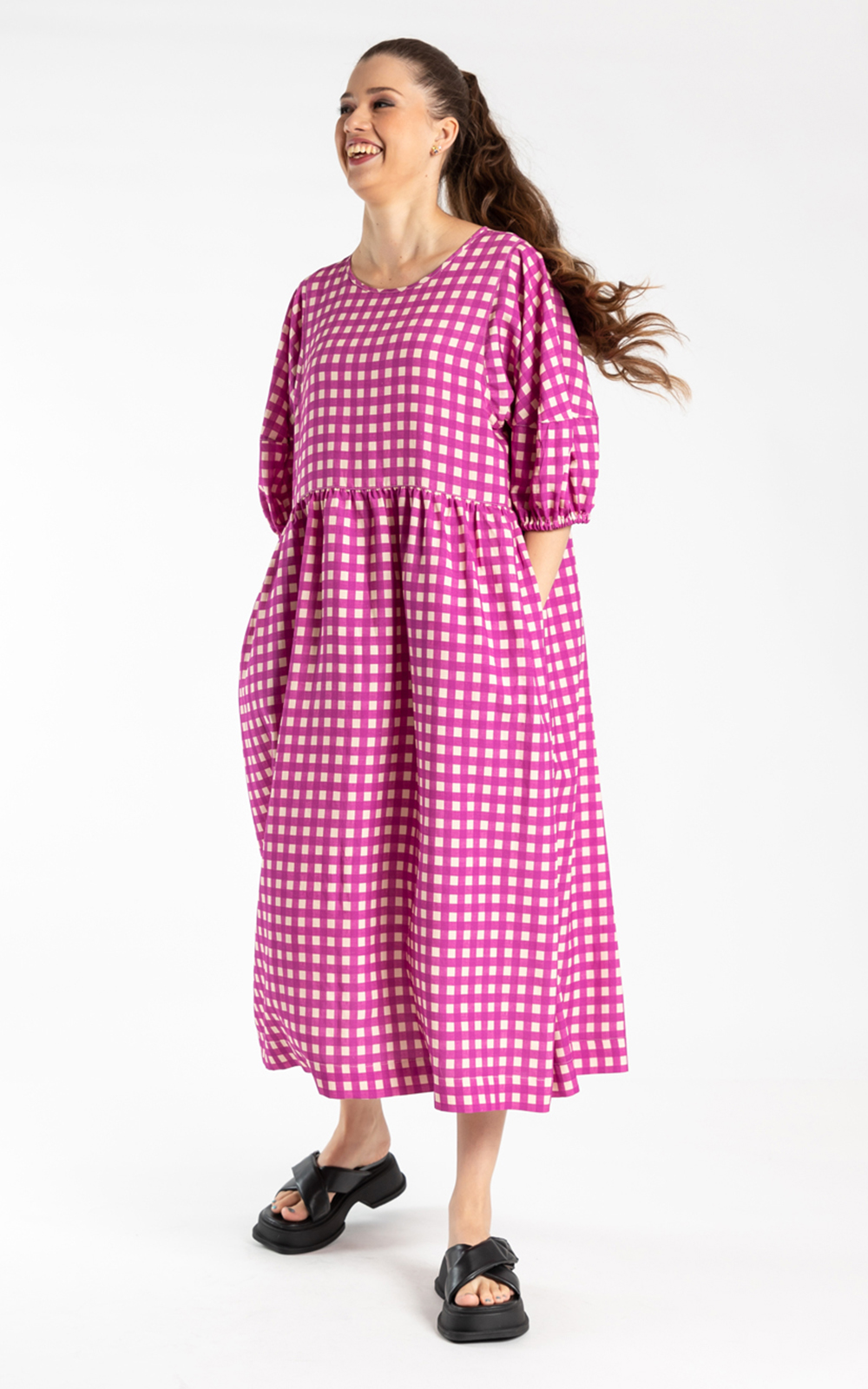 Brie Dress Cerise Check – Zebrano | Designer Clothing NZ
