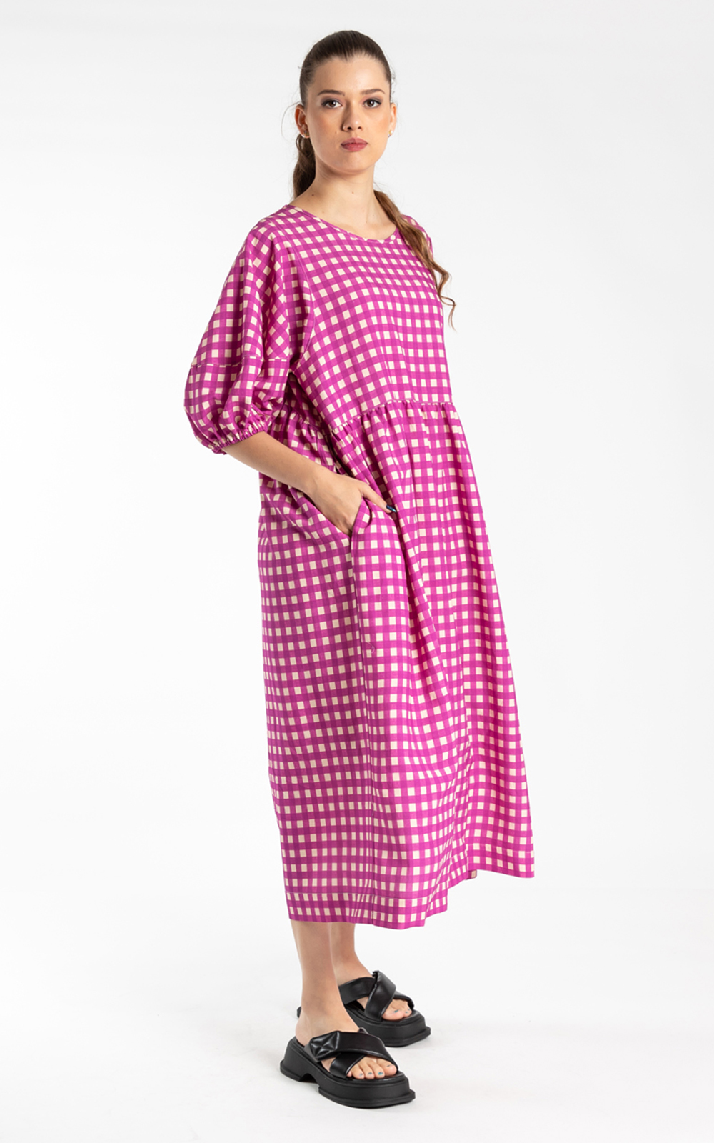 Brie Dress Cerise Check – Zebrano | Designer Clothing NZ