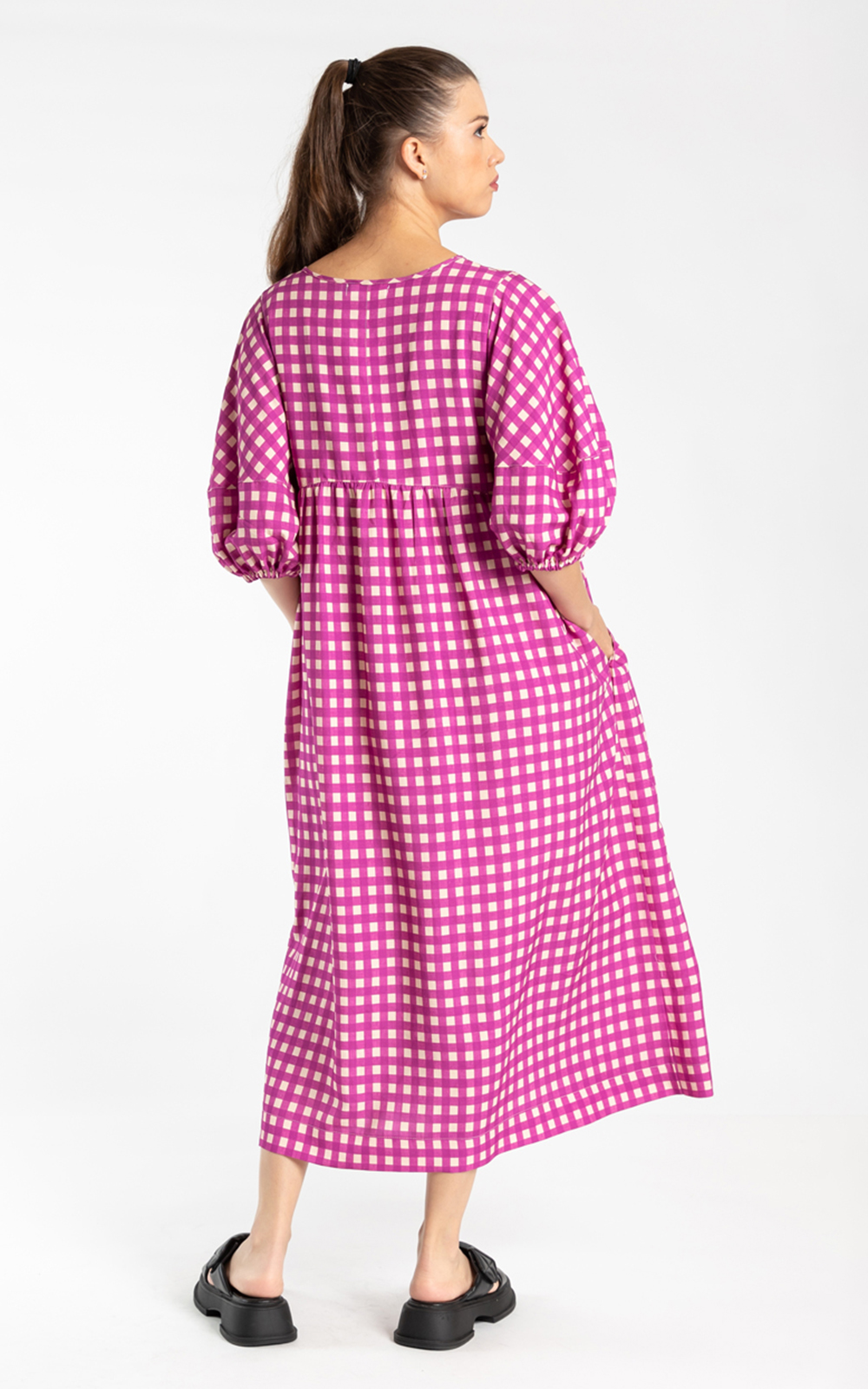 Brie Dress Cerise Check – Zebrano | Designer Clothing NZ