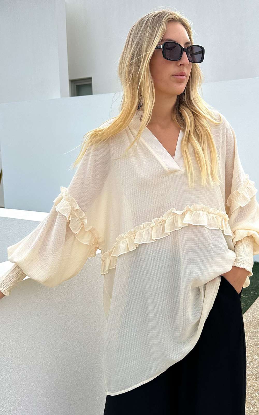 Frilled Relaxed Top – Zebrano | Designer Clothing NZ