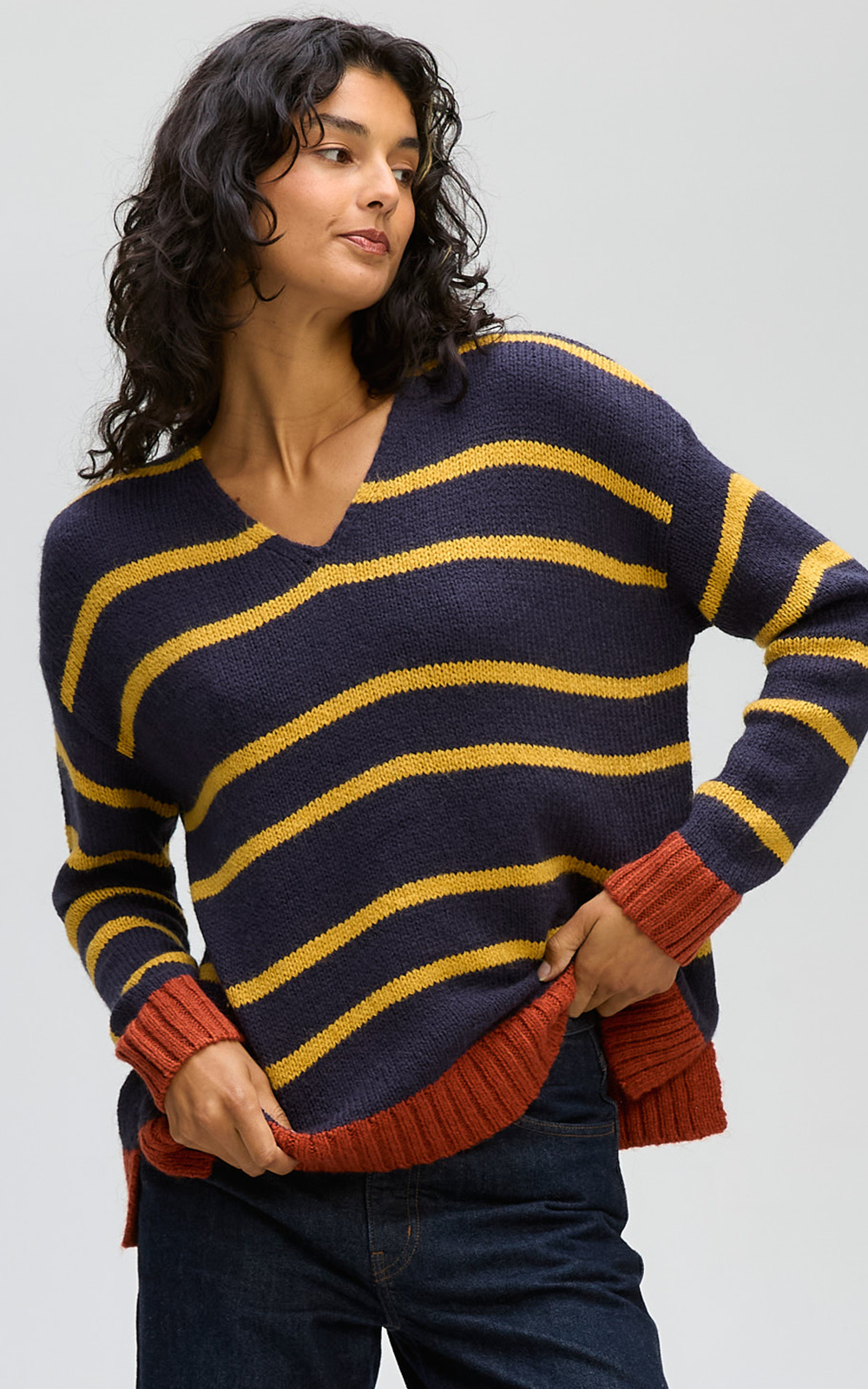 Cozy Stripe V Jumper – Zebrano | Designer Clothing NZ