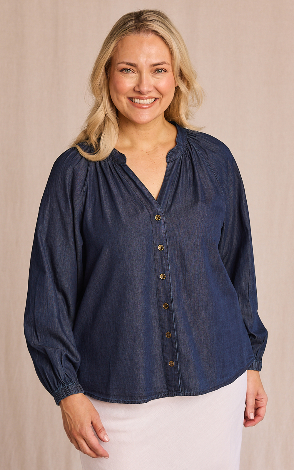 Kitty Chambray Top In Dark Wash – Zebrano | Designer Clothing NZ